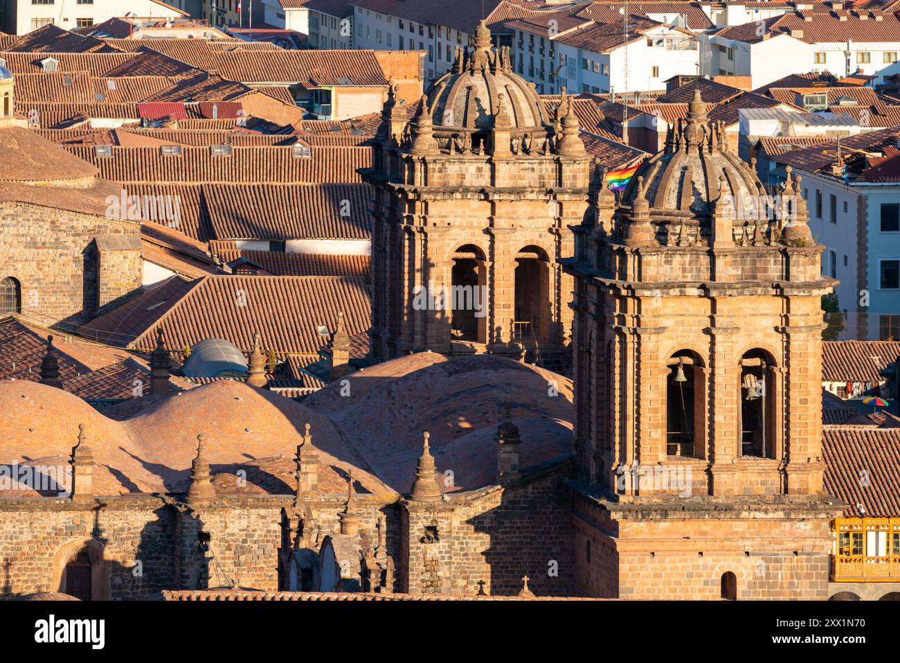 Elevated view of bell towers of Cusco (Cuzco) Cathedral, UNESCO World ...