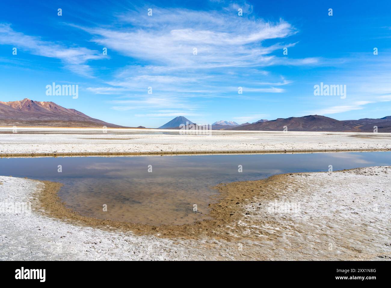 Reflection pool on salt flats and distant views of El Misti and ...