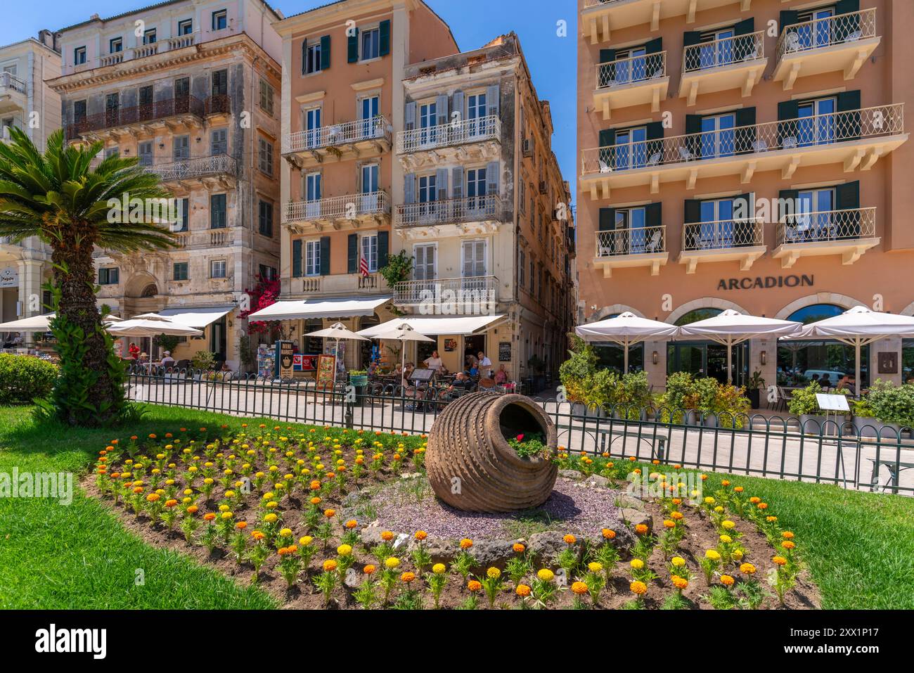 View of restaurants and bars in Pot throwing (Botides), Corfu Town ...