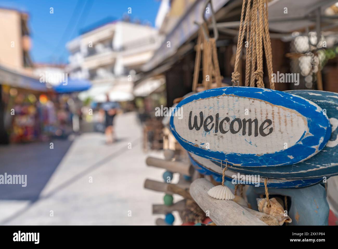 View of Welcome sign and souvenirs in Thassos Town, Thassos, Aegean Sea ...