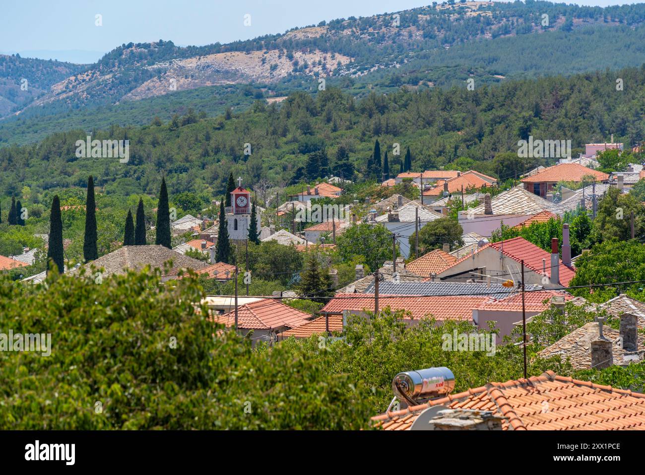 View of Theologos village from elevated position, Theologos, Thassos ...