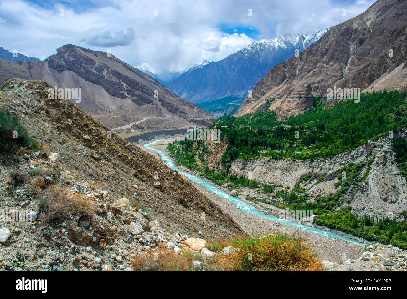 Snake shaped Hunza river in the Karakoram mountains along Karakoram ...