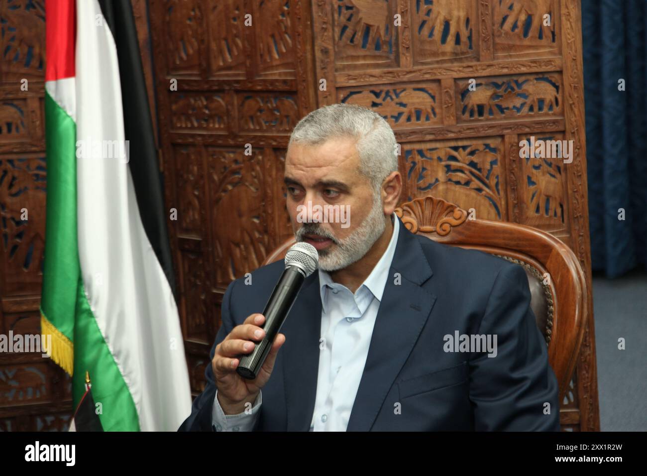 Ismail Haniyeh Hamas leader and Palestinian prime minister welcoming ...
