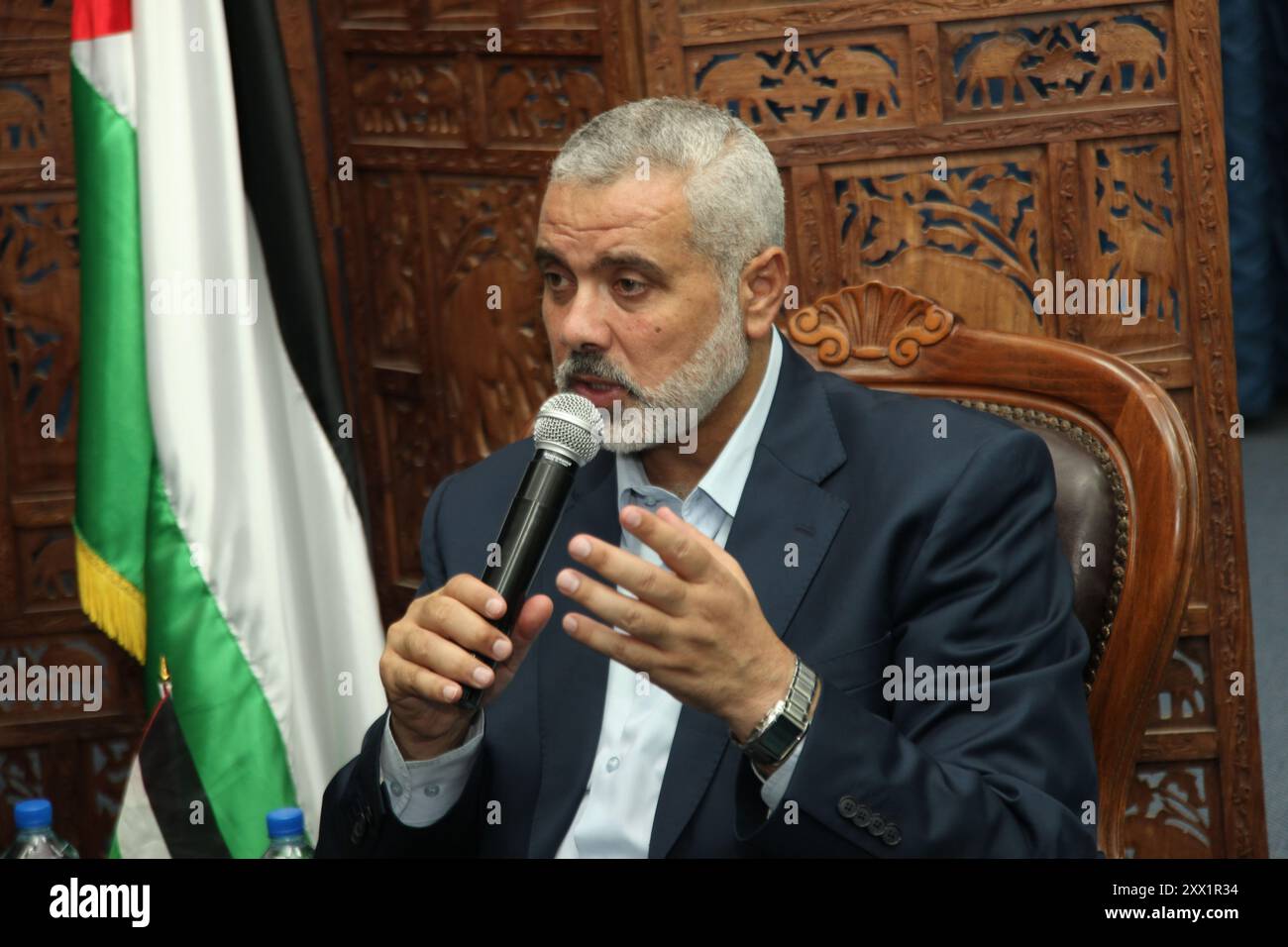 Ismail Haniyeh Hamas leader and Palestinian prime minister welcoming ...