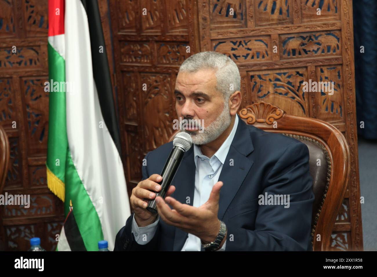 Ismail Haniyeh Hamas leader and Palestinian prime minister welcoming ...