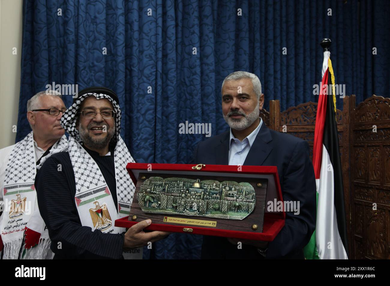 Ismail Haniyeh Hamas leader and Palestinian prime minister welcoming ...