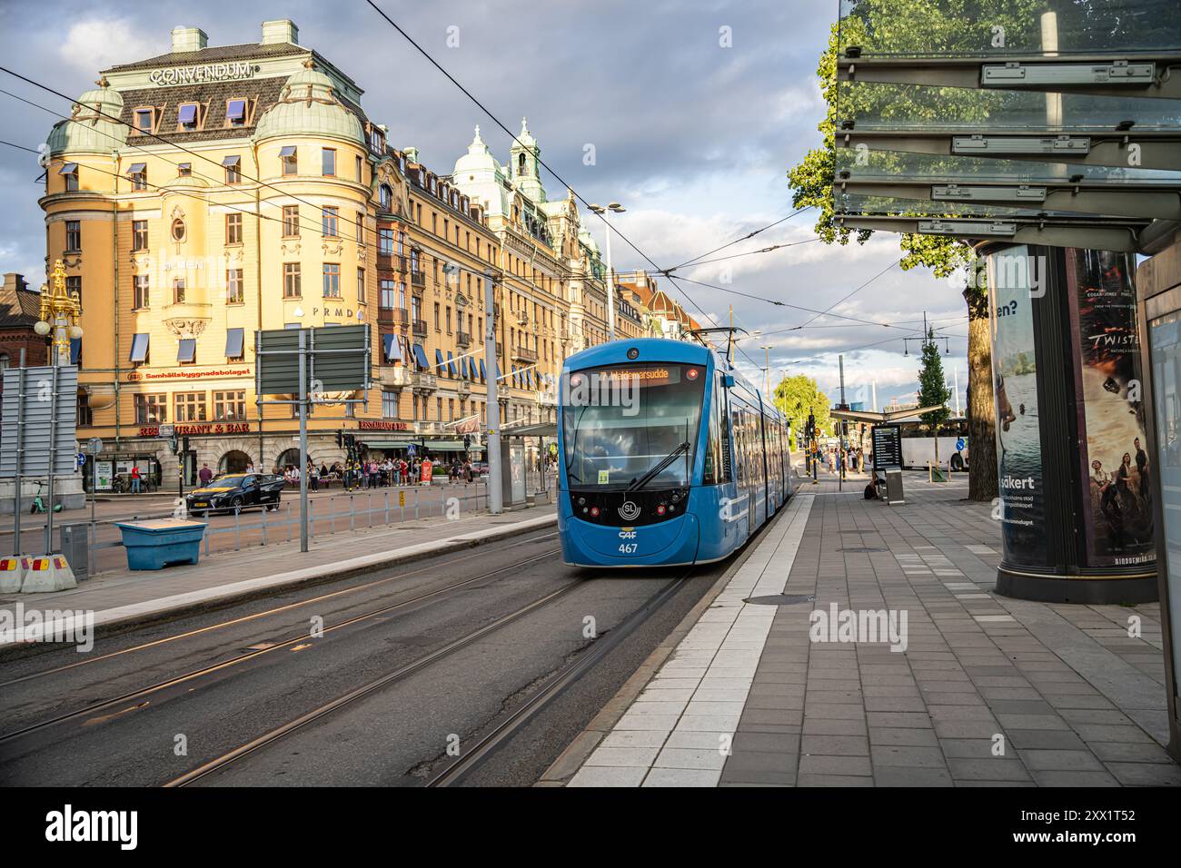 Stockholm, Sweden: Blue tram riding the streets of Stockholm, one of ...