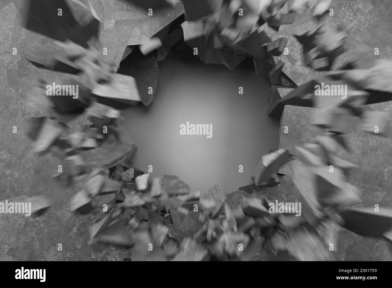 Round hole in concrete wall with center of frame. Lots of flying and ...