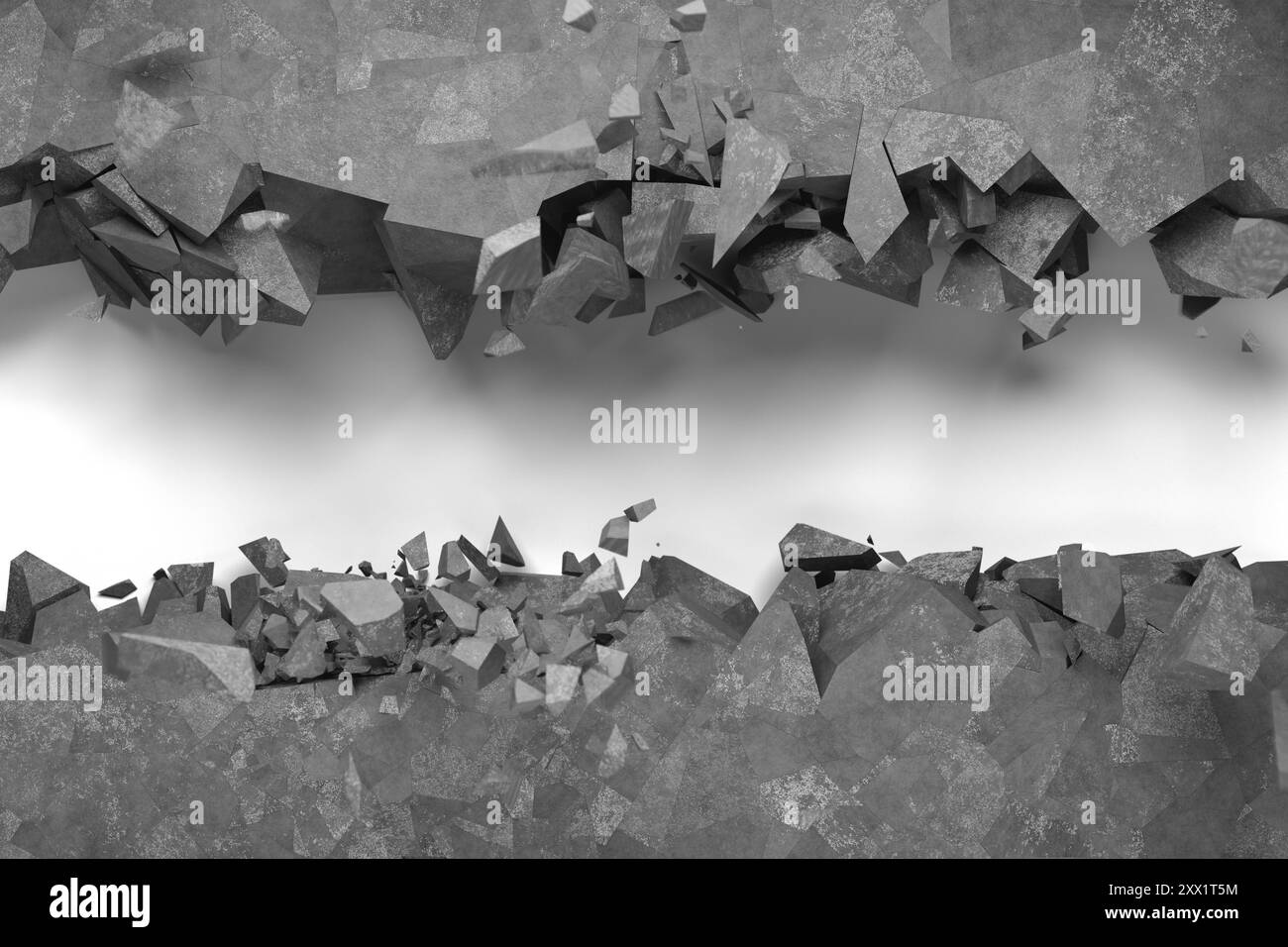 Horizontal strip of destroyed concrete wall. Cracks on cement wall ...