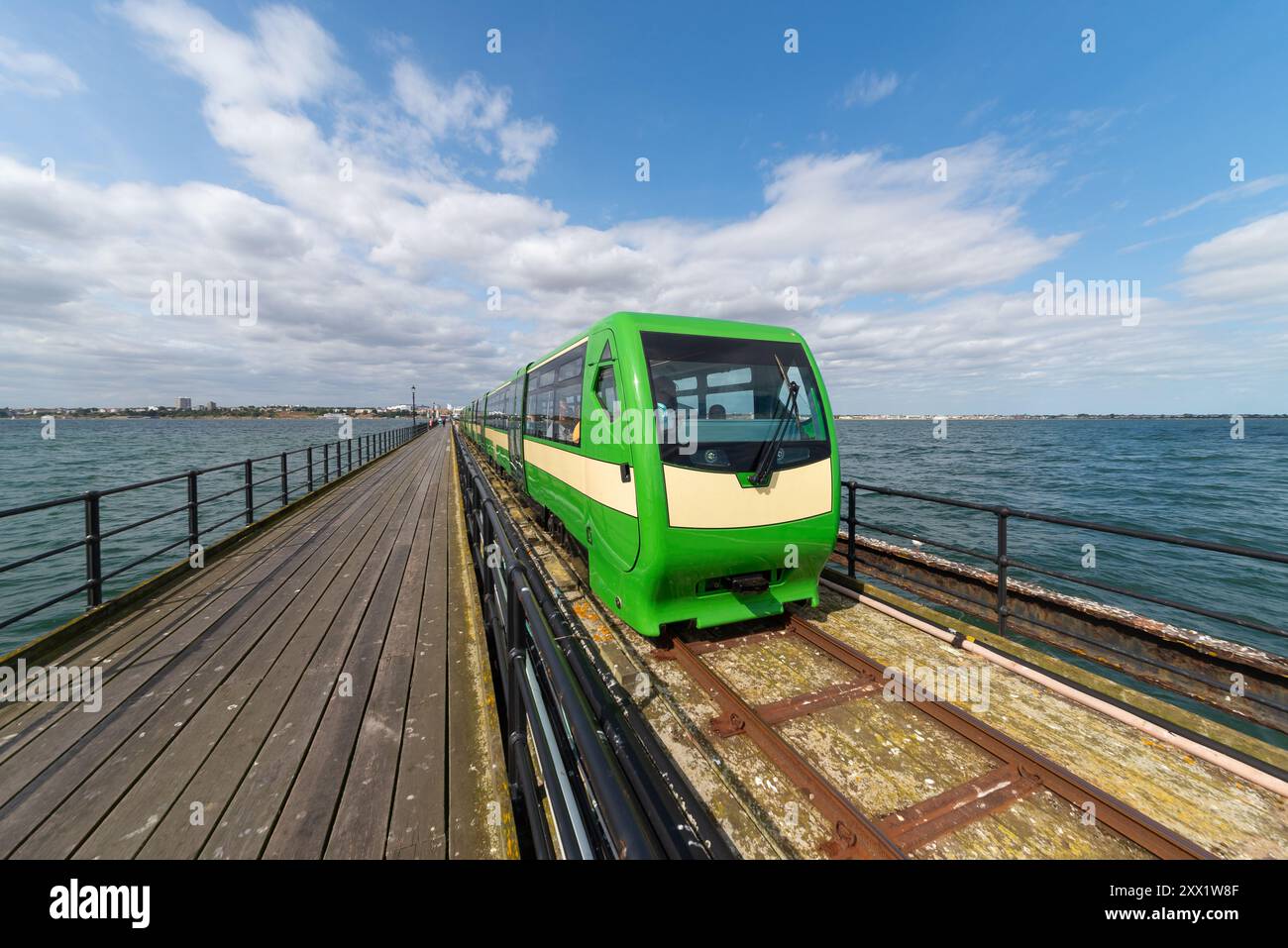 New electric Southend pier railway train heading out to the end of the ...
