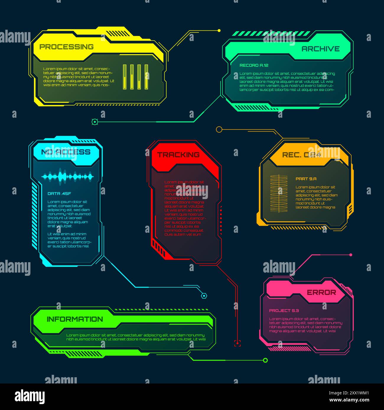 Futuristic HUD or UI elements. Sci-fi user interface text boxes, callouts. Colorful warning ...