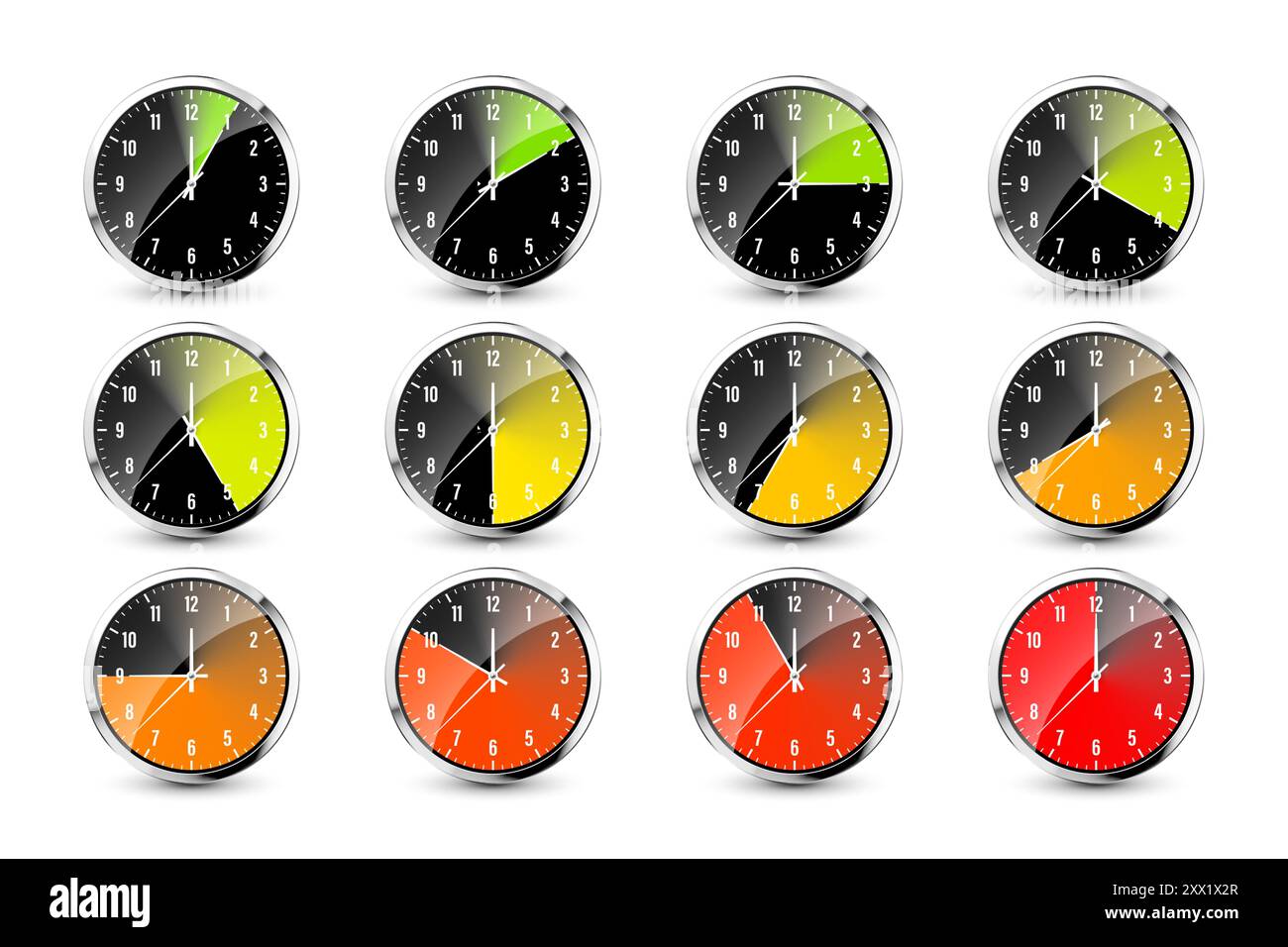 Wall clock, stopwatch icons. Shiny metal chronometer, time counter with ...