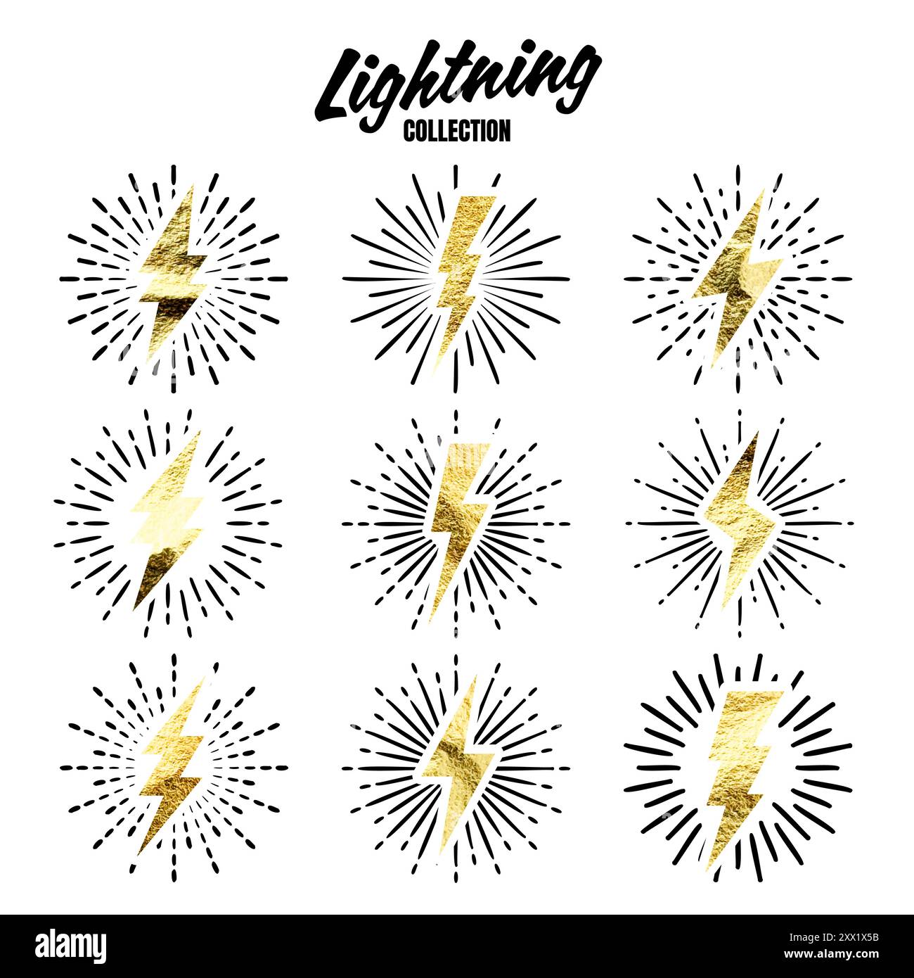 Set of vintage golden lightning bolts and sun rays. Gold foil texture ...