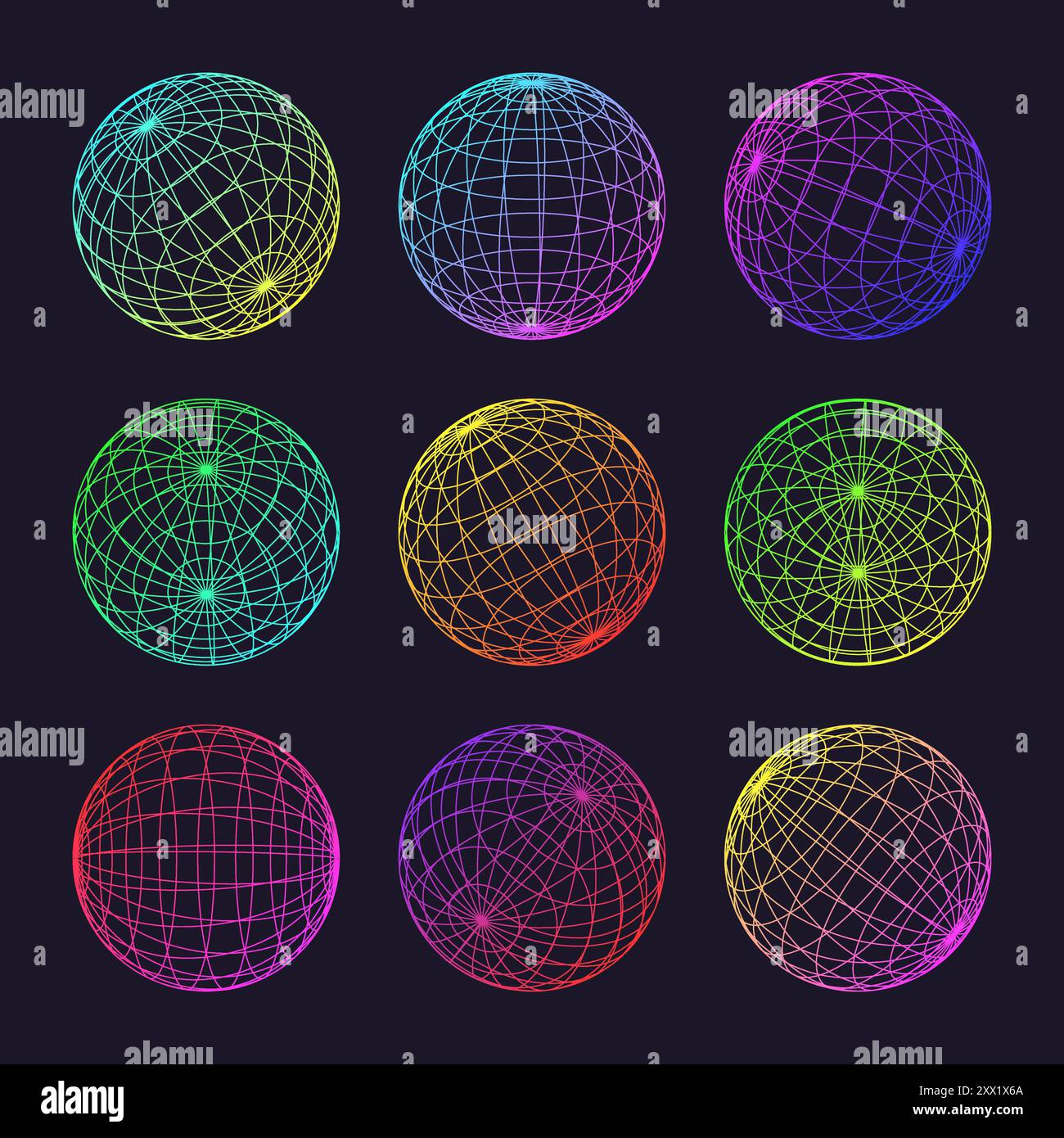 Neon wireframe shapes, lined sphere. Perspective mesh, 3d grid. Low ...