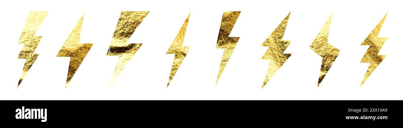 Golden lightning bolt icons collection. Gold foil texture. Flash symbol ...