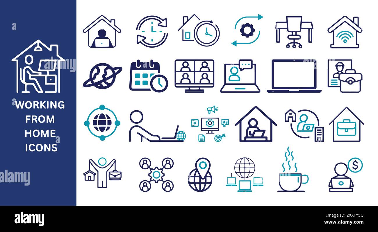 Working From Home Icon Set. Work online, laptop, freelancing, online ...