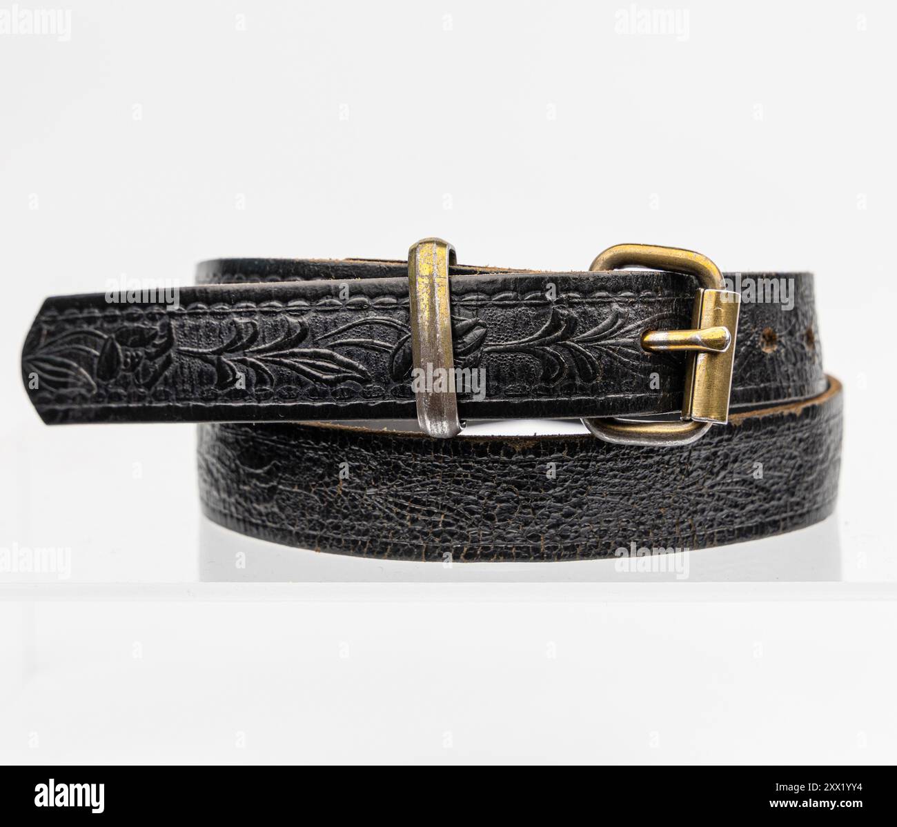 Embossed Black real leather belt on a white background. Retro Vintage ...