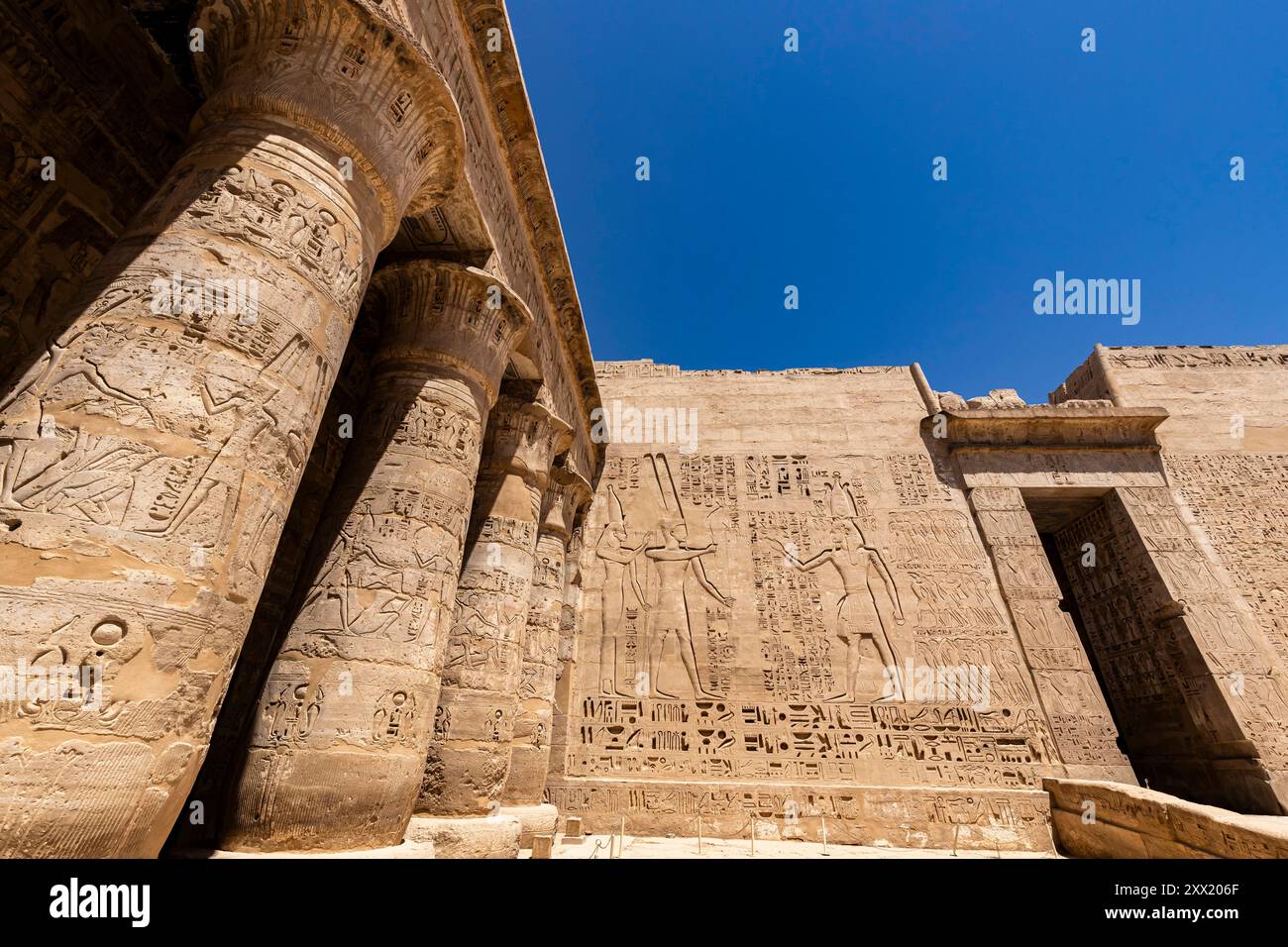 Medinet Habu, Mortuary Temple of Ramesses III, First courtyard with corridor, Luxor, Egypt ...
