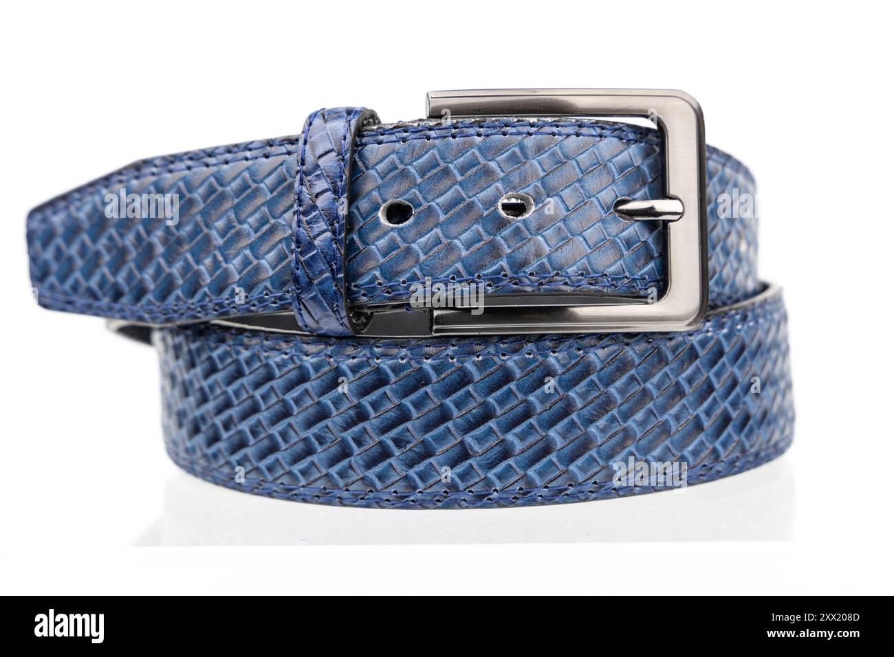 Blue textured leather belt with dark gunmetal metal buckle isolated on ...