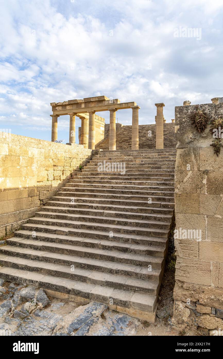 Steps and stairs at Colonnade with portico main temple of Lindos Rhodes ...