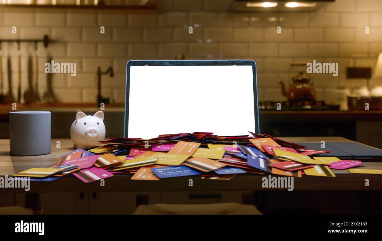 Laptop computer with mock up white screen chroma key display standing ...