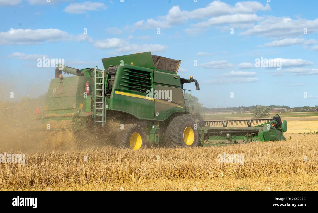 Green combine harvester cutting a field. Back view close up Stock Photo ...