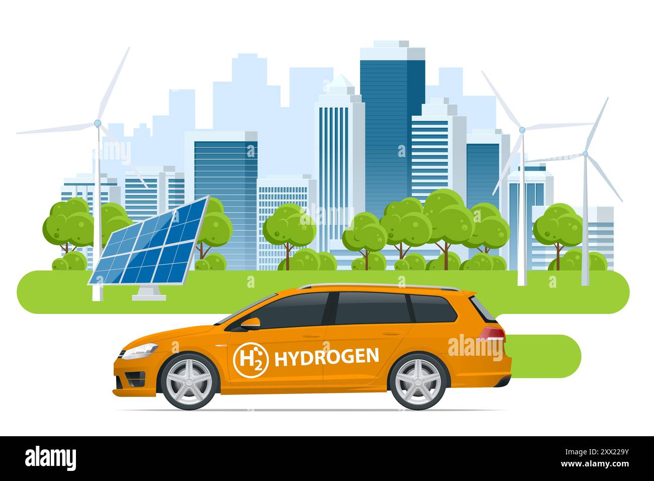 Isometric Hydrogen energy car. Smart city with wind turbines, solar ...