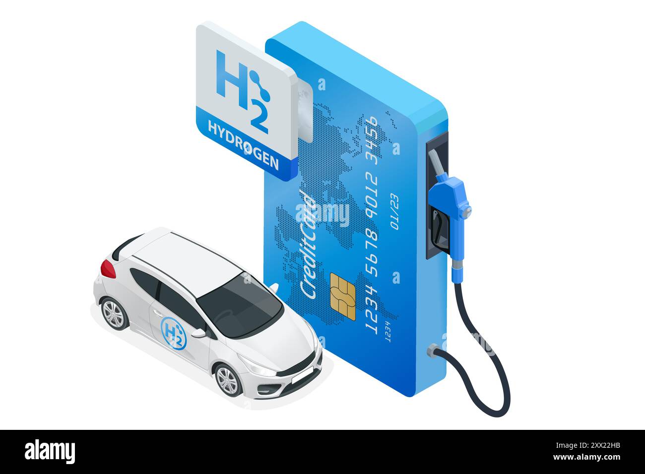 Isometric Hydrogen fuel car charging station with two dispensers for H2 vehicles. Hydrogen ...