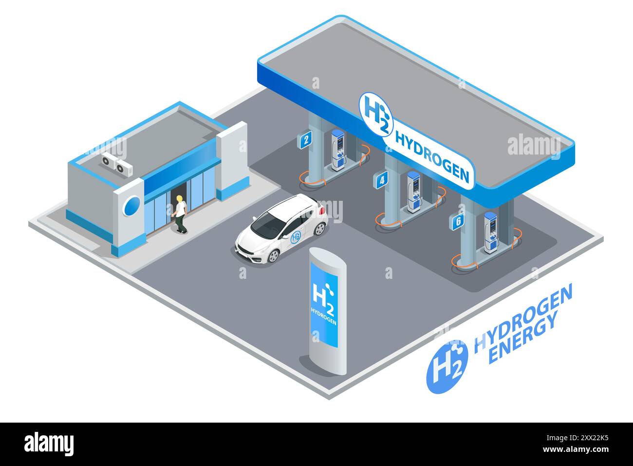 Isometric Hydrogen fuel car charging station with two dispensers for H2 vehicles. Hydrogen ...