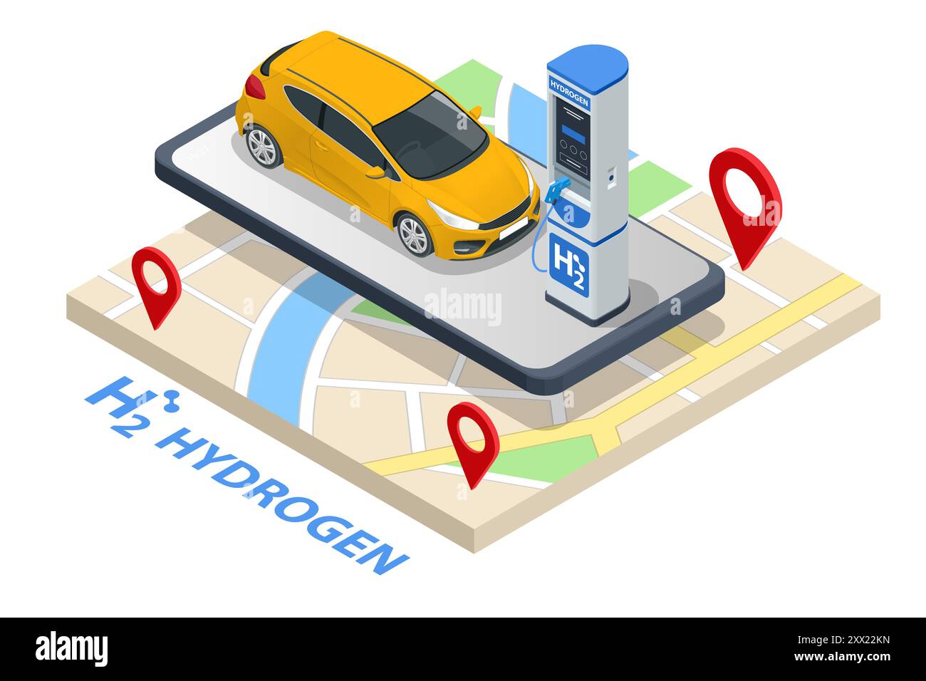 Isometric Hydrogen fuel car charging station with two dispensers for H2 vehicles. Hydrogen ...