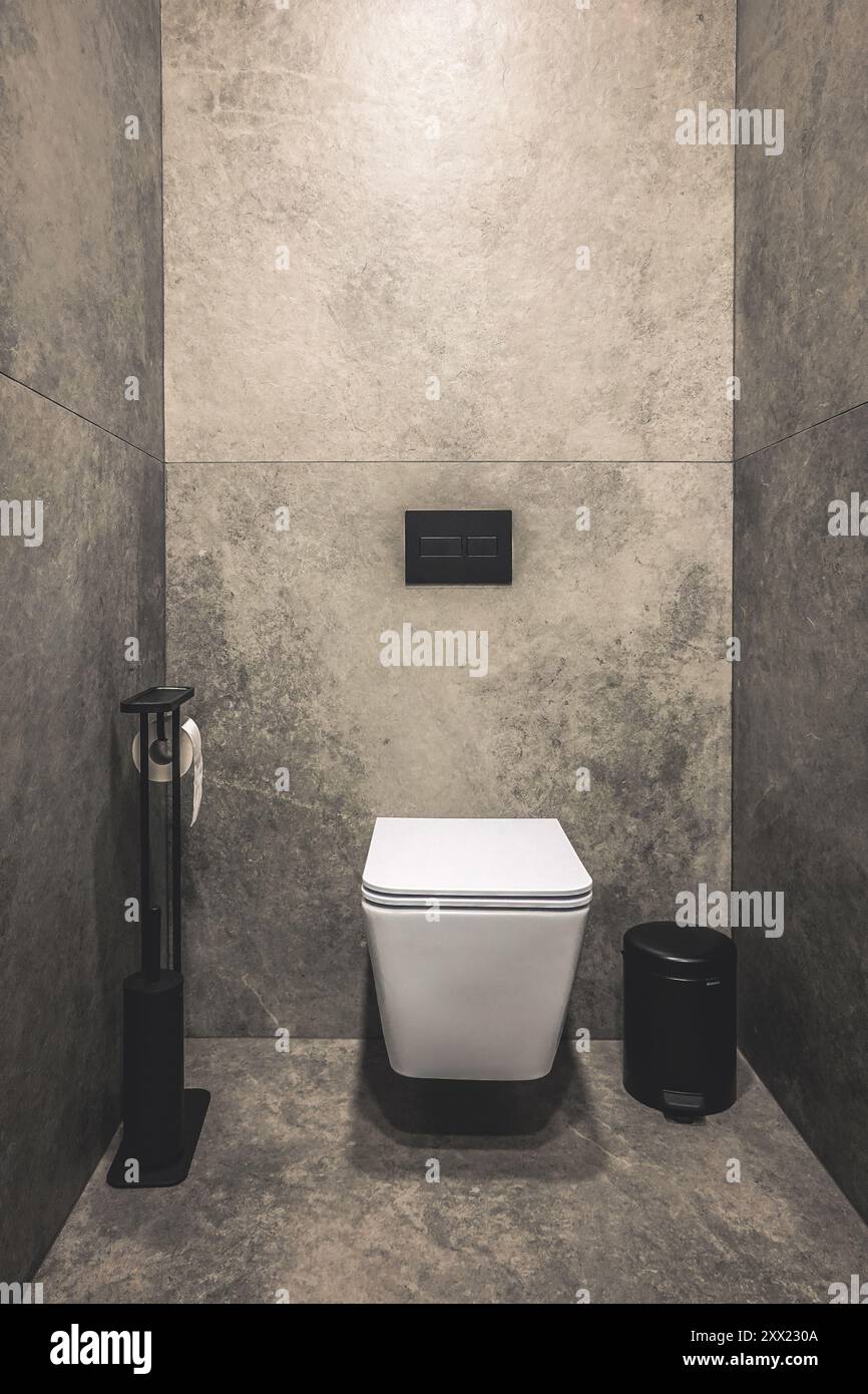 Modern dark interior in domestic restroom, wc Stock Photo - Alamy