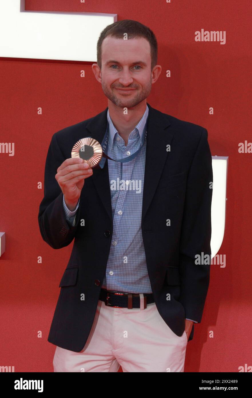 London, UK. Henry Fieldman with his Paris 2024 Olympic medal at the ...