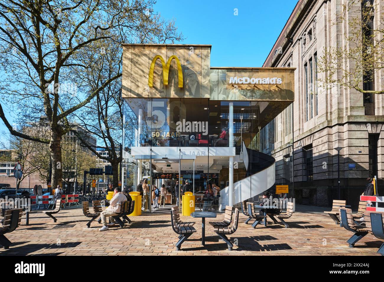 Rotterdam, Netherlands - April 10, 2024: Golden McDonald’s pavilion in ...