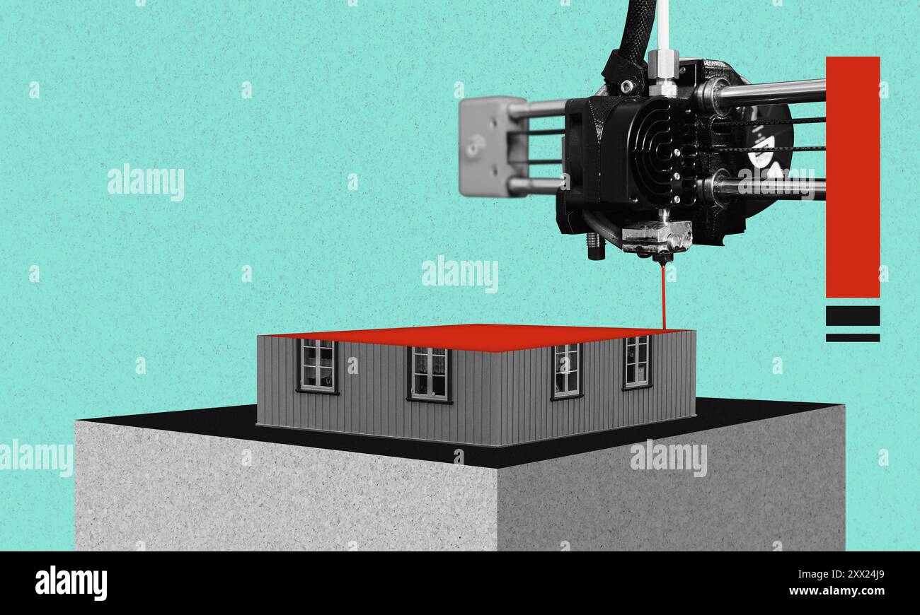 3D printing a house concept collage art. Futuristic technology ...