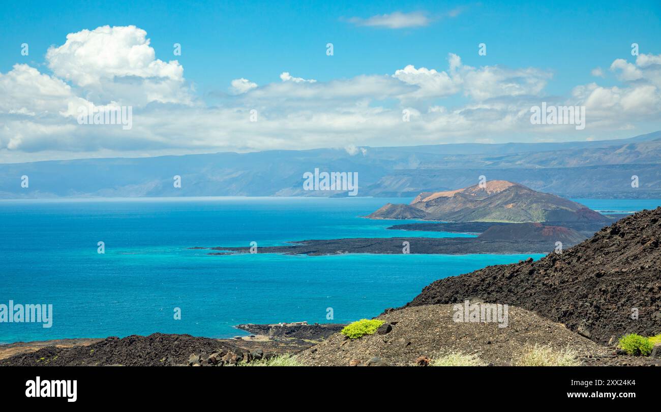 Ardoukoba fissure vents volcano crater cones with gulf and mountains in ...