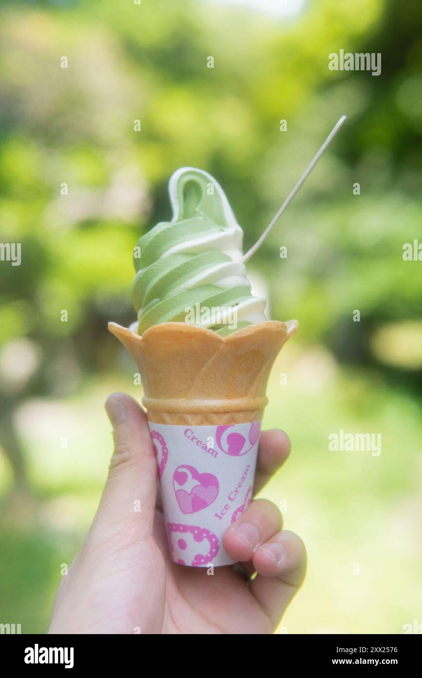 Matcha & Vanilla Ice Cream Cone Stock Photo - Alamy