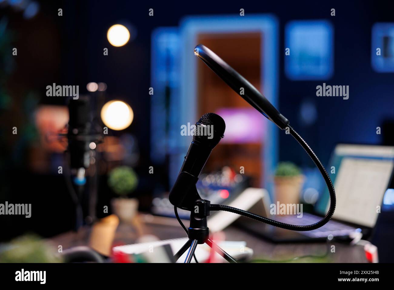 Closeup of a professional microphone with condenser filter in an empty ...