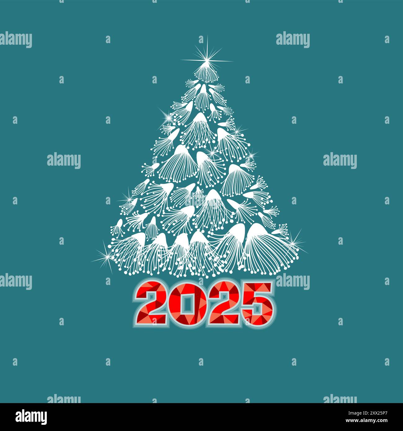 Snowy graphic tree. Christmas tree. Snow needles. Happy New Year 2025 ...