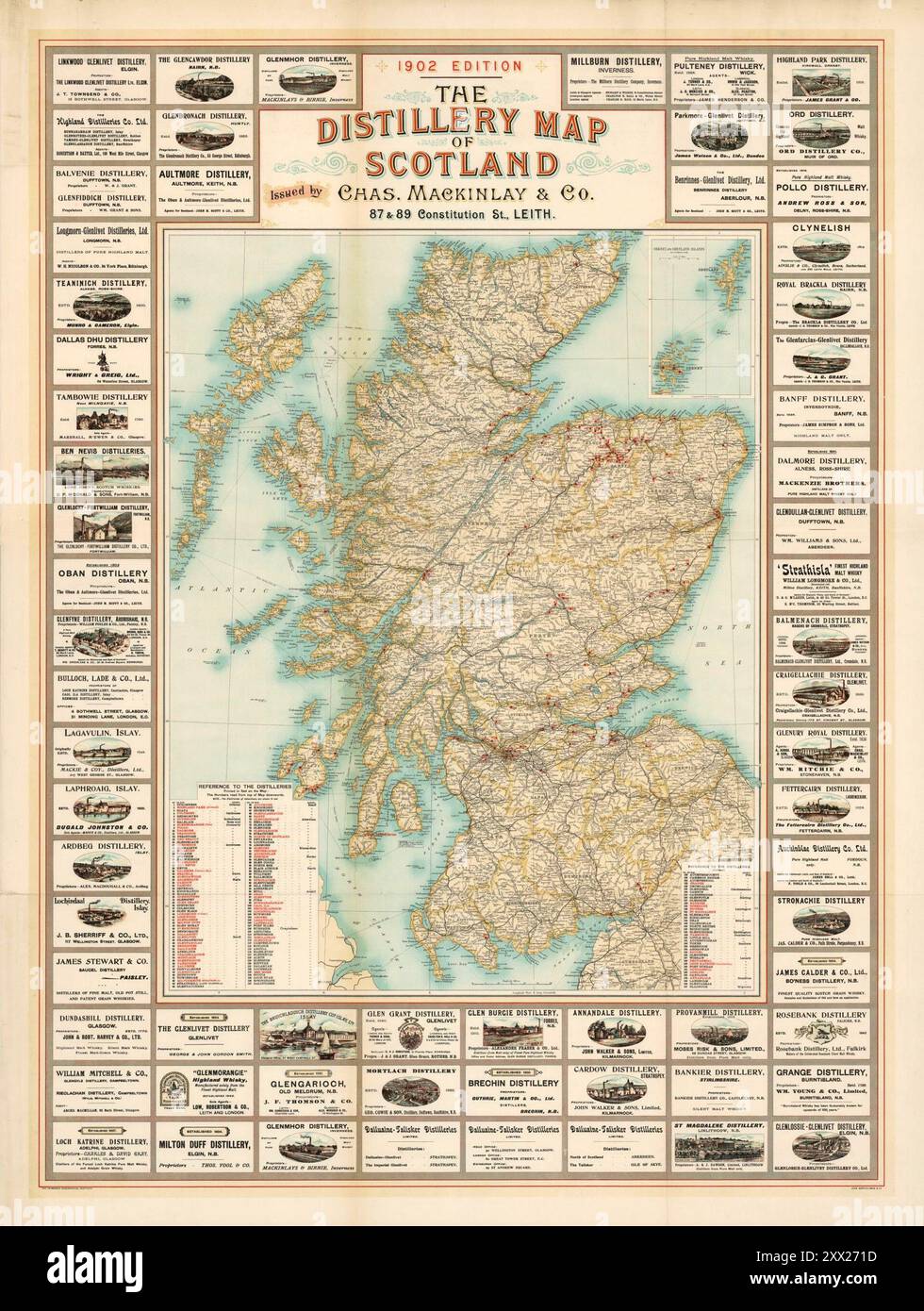 The Distillery Map of Scotland, 1902. Vintage Map illustrating the ...