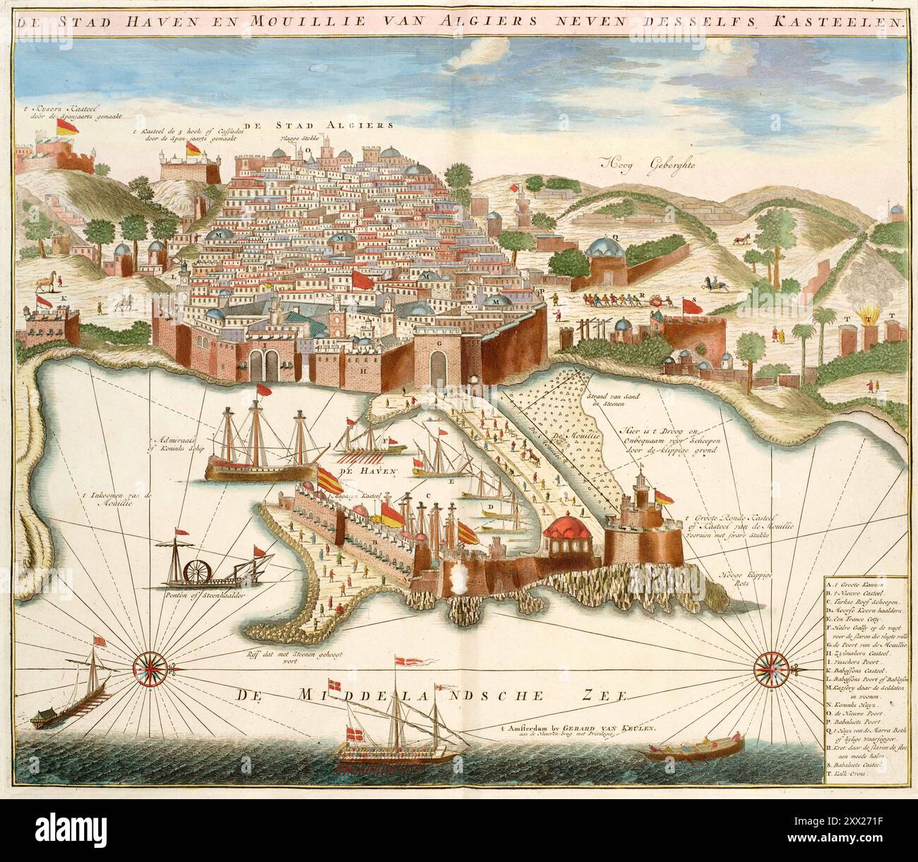 Vintage illustrated map of the Port of Algier, Algeria. by Johannes van Keulen. ca 1690 Stock ...