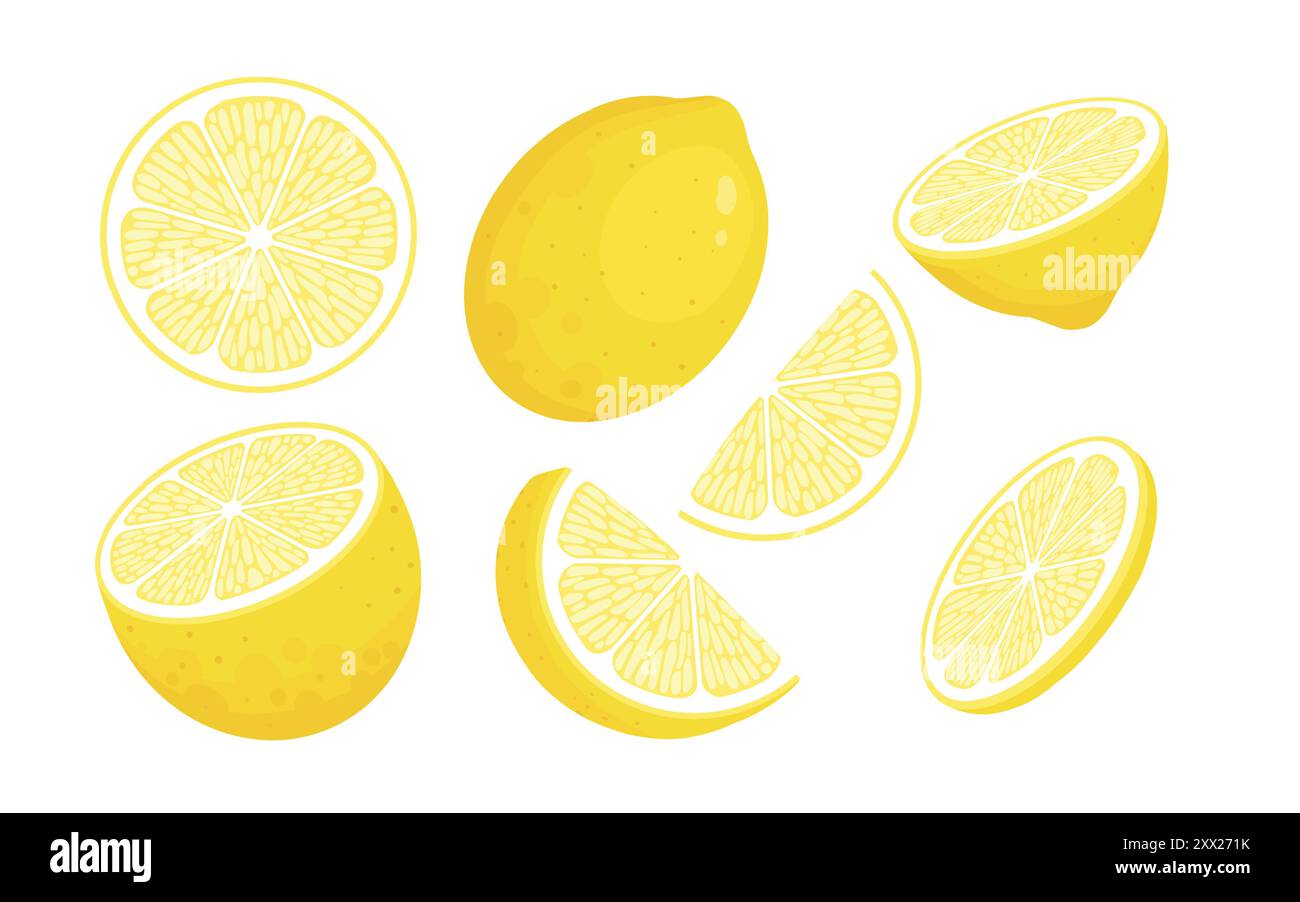 Lemon slices. Fresh citrus, half sliced lemons and chopped lemon. Cut lemons fruit slice and ...