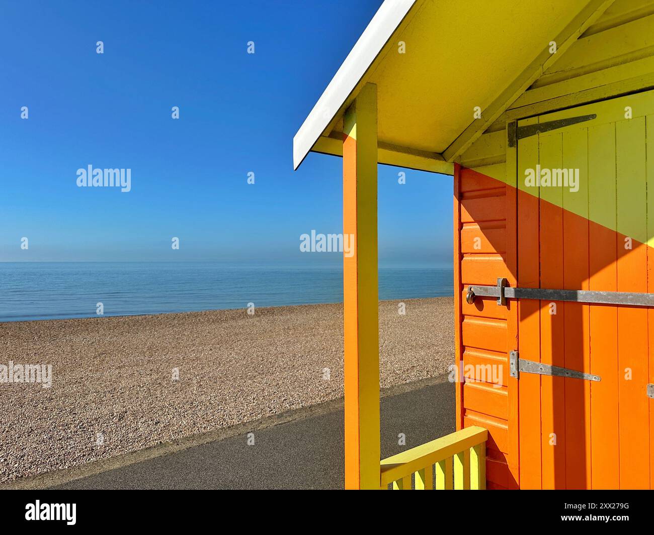 Close-up detail of a wooden beach hut on promenade, Folkestone, Kent ...