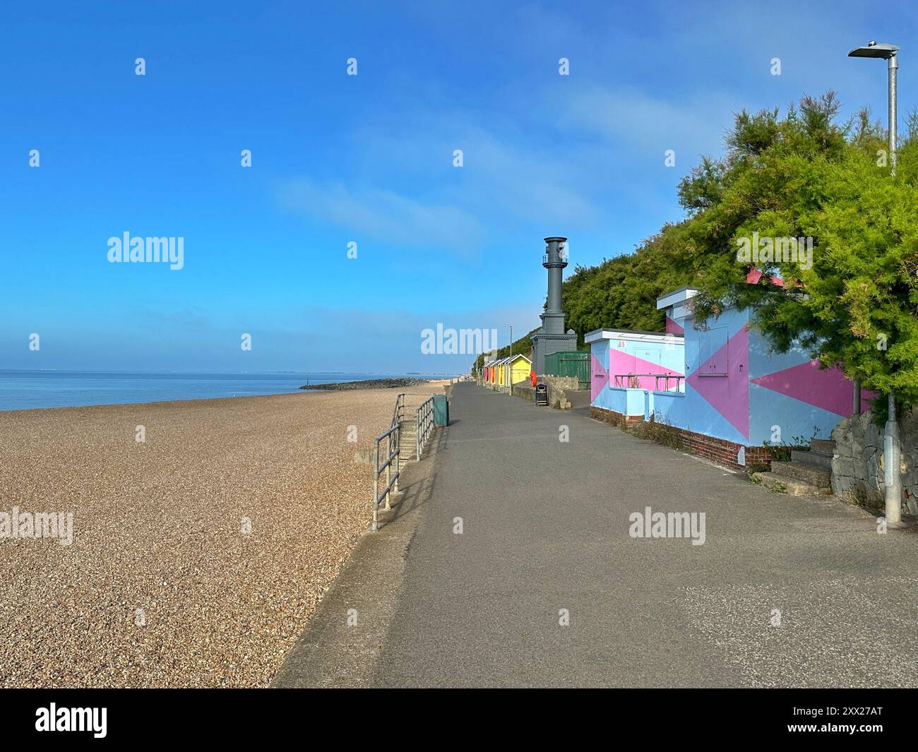 Beach huts along the promenade on Mermaid Beach, Folkestone, Kent ...