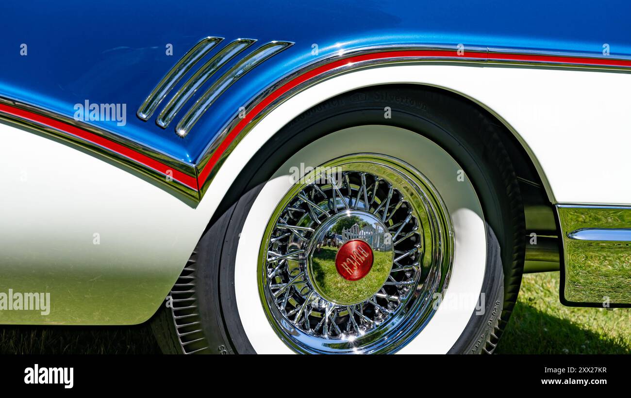 DEARBORN, MI/USA - JUNE 15, 2024: Close-up of a 1957 Buick Super trim ...