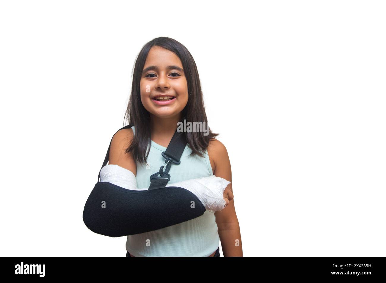 Portrait of little girl with bandaged arm with broken arm on white ...