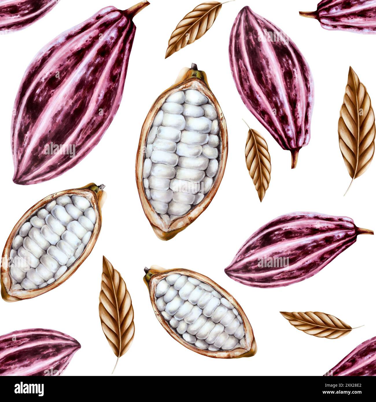 Seamless pattern with watercolor open cocoa pod, fruits and dry leaves ...