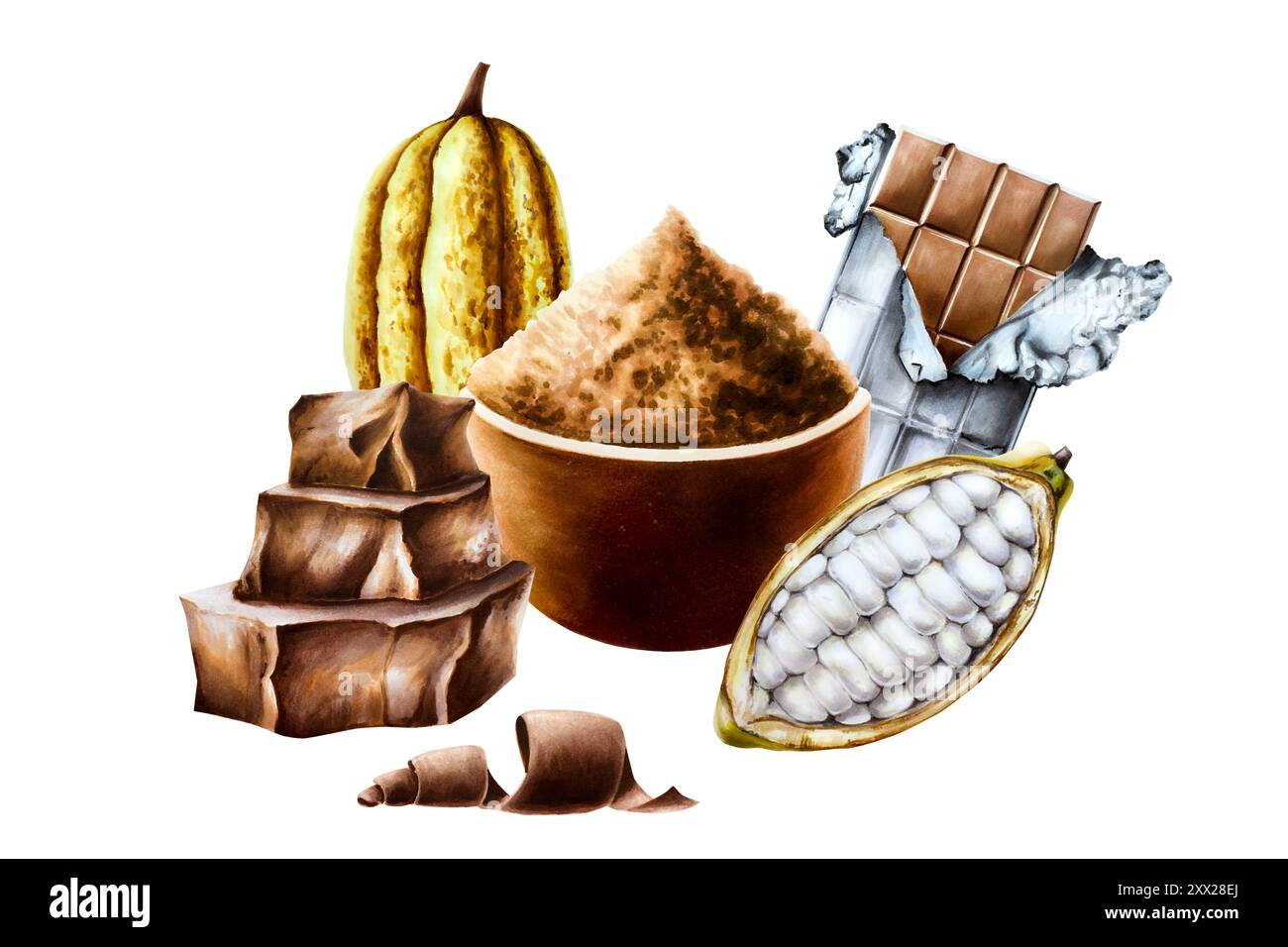 Stack pieces of chocolate, open cocoa pod, fruit. Ceramic bowl of cocoa ...