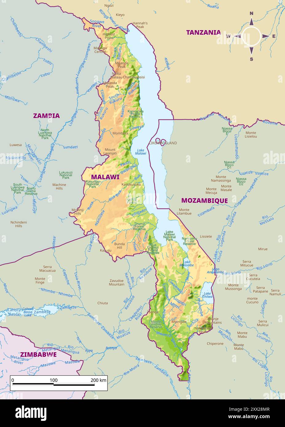 Detailed physical map of Malawi Stock Vector Image & Art - Alamy