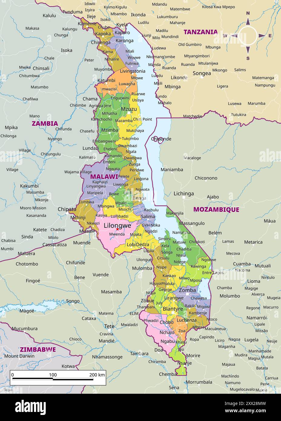 Detailed political map of Malawi Stock Vector Image & Art - Alamy