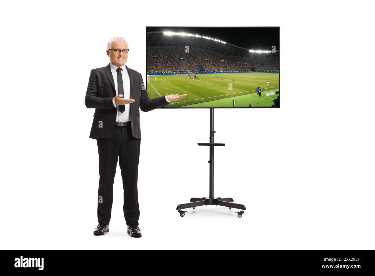 Tv host presenting in front of a tv screen isolated on white background ...